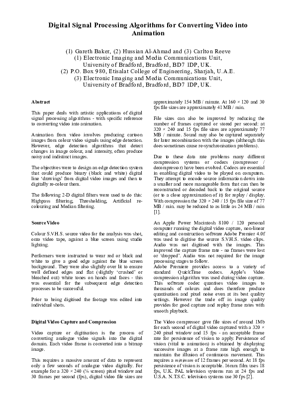 Doc Digital Signal Processing Algorithms For Converting Video Into Animation 