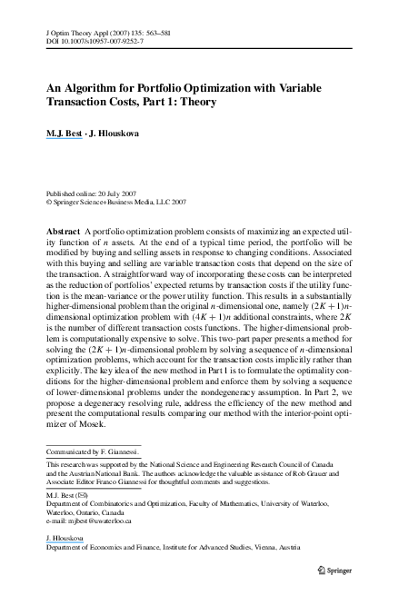 (PDF) An Algorithm for Portfolio Optimization with Variable Transaction Costs, Part 2 ...