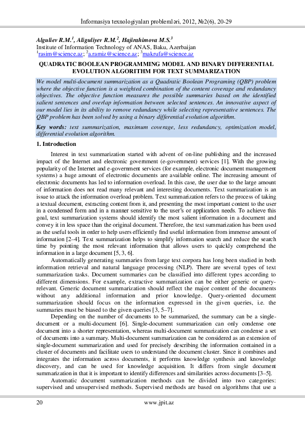 Pdf Quadratic Boolean Programming Model And Binary Differential Evolution Algorithm For Text