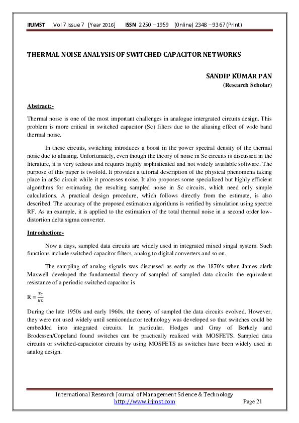 (PDF) THERMAL NOISE ANALYSIS OF SWITCHED CAPACITOR NETWORKS