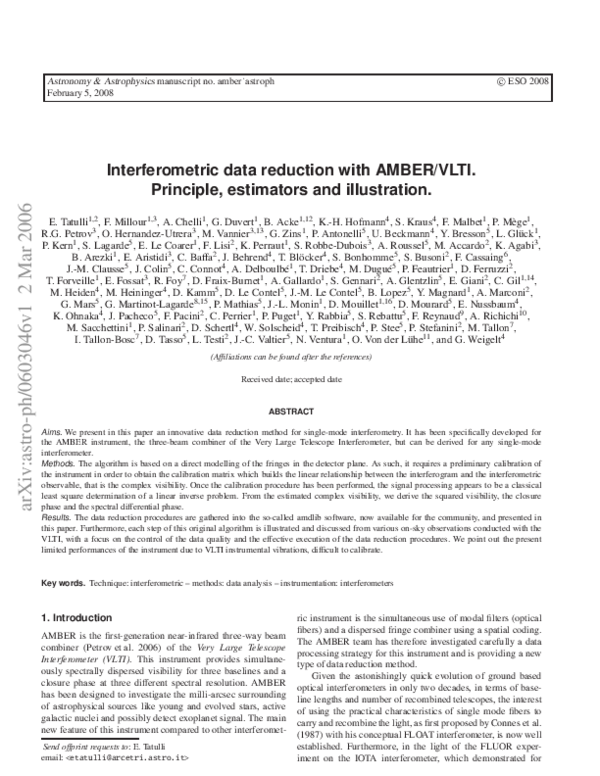 (PDF) Interferometric data reduction with AMBER/VLTI. Principle, estimators, and illustration