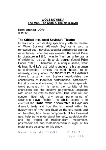 (PDF) WOLE SOYINKA - The Man, The Myth & The Meta-myth | Dr. Kemi ...