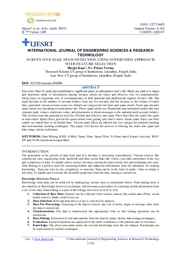 Pdf E Mail Spam Detection Supervised Approaches