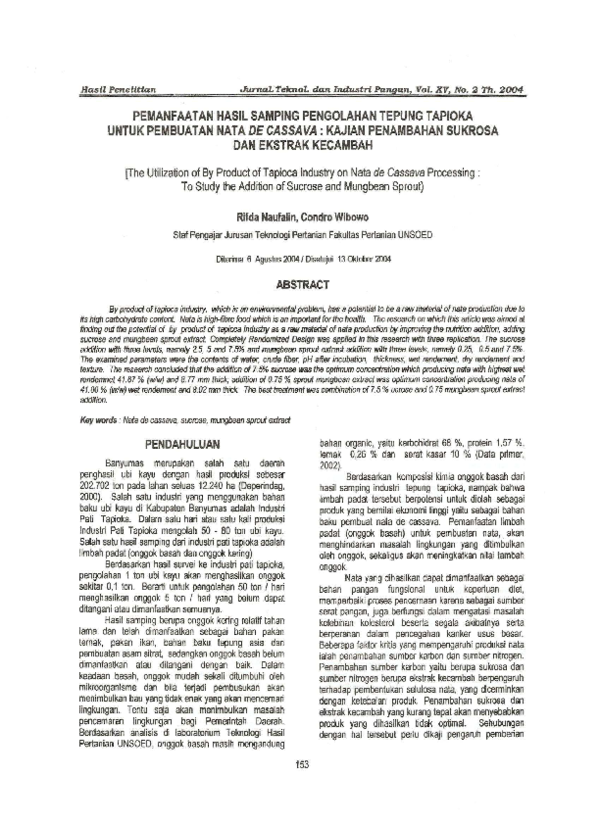 (PDF) The Utilization of By Product of Tapioca Industry on Nata de Cassava Processing : To Study ...