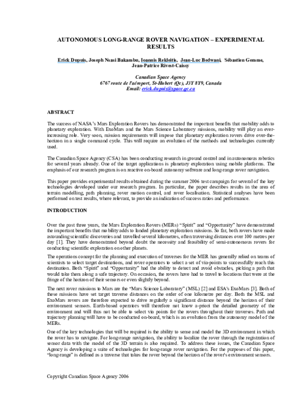 (PDF) Autonomous Long-Range Rover Navigation–Experimental Results