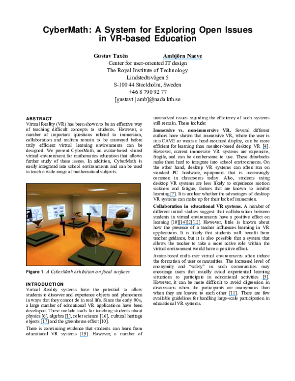 (PDF) CyberMath-Exploring Open Issues in VR-based Learning