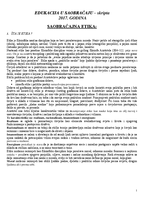 (PDF) EDUKACIJA U SAOBRAĆAJU – skripta 2017. GODINA SAOBRAĆAJNA ETIKA: 1. ŠTA JE ETIKA