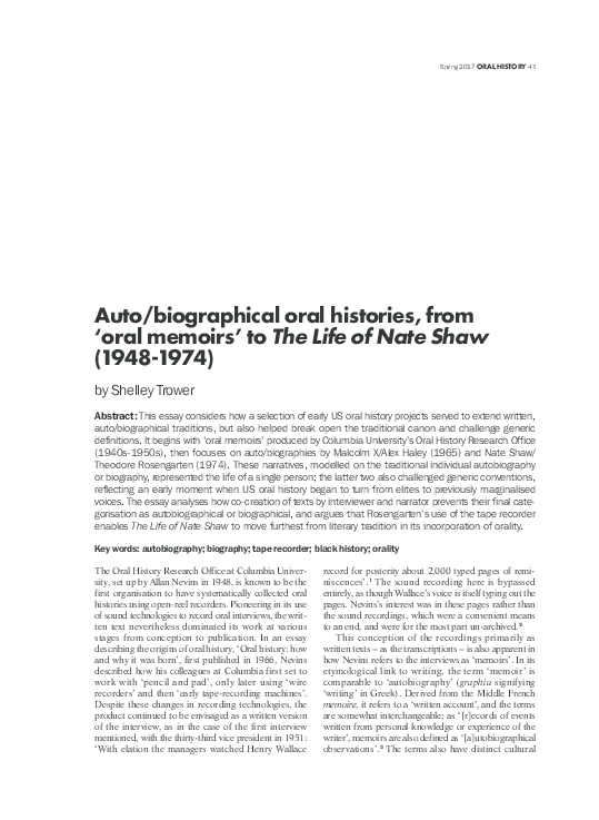 (PDF) 'Auto/biographical oral histories, from "oral memoirs" to The ...