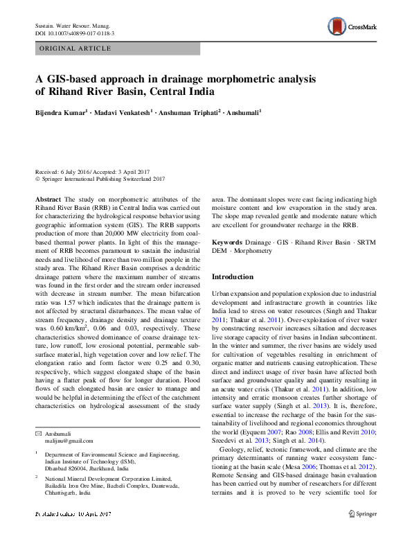 Pdf A Gis Based Approach In Drainage Morphometric Analysis Of Rihand River Basin Central India