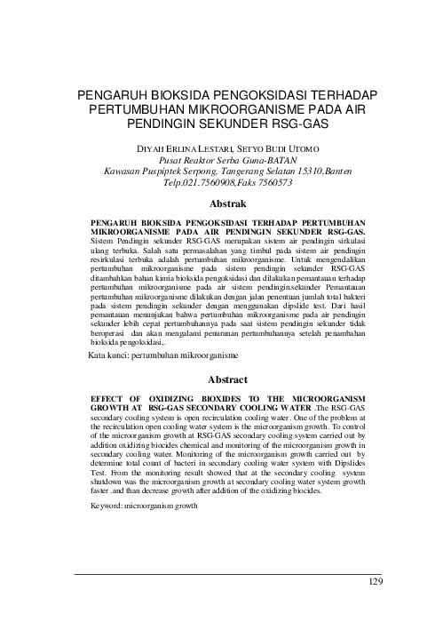 (PDF) Pengaruh Bioksida Pengoksidasi Terhadap Pertumbuhan Mikroorganisme Pada Air Pendingin ...
