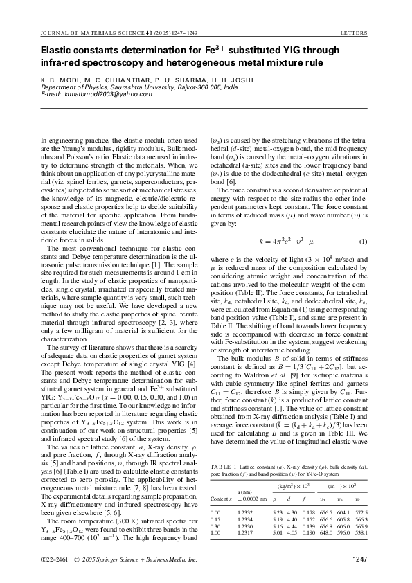 (PDF) Elastic constants determination for Fe3+ substituted YIG through ...