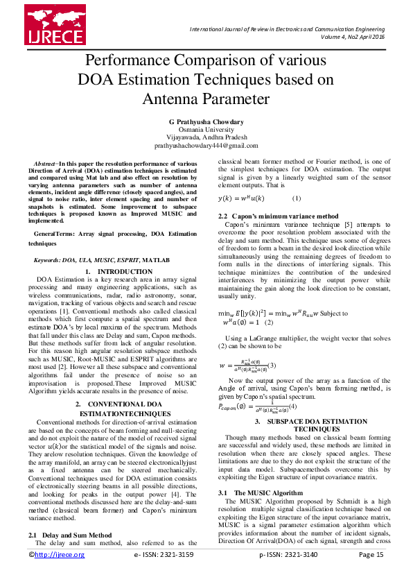 Pdf Performance Comparison Of Various Doa Estimation Techniques Based On Antenna Parameter