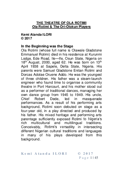 (PDF) THE THEATRE OF OLA ROTIMI - Ola Rotimi & The Ori-Olokun Players