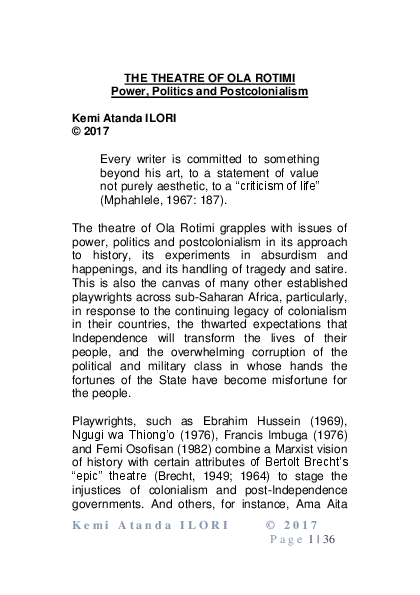 (PDF) THE THEATRE OF OLA ROTIMI Power, Politics and Postcolonialism