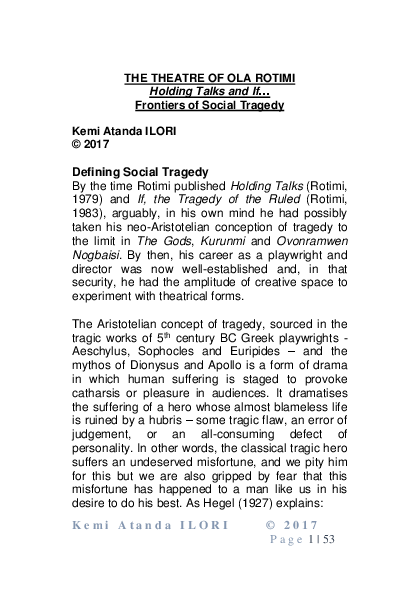 (PDF) THE THEATRE OF OLA ROTIMI - Holding Talks & If... - Frontiers of Social Tragedy