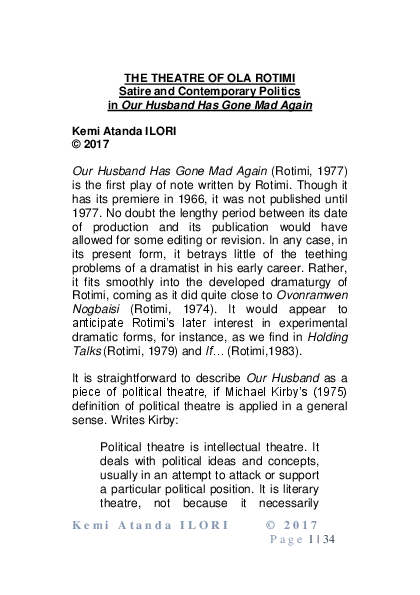 (PDF) THE THEATRE OF OLA ROTIMI - Satire & Contemporary Politics in Our Husband Has Gone Mad Again