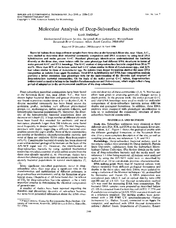 Pdf Molecular Analysis Of Deep Subsurface Bacteria Luis Jimenez