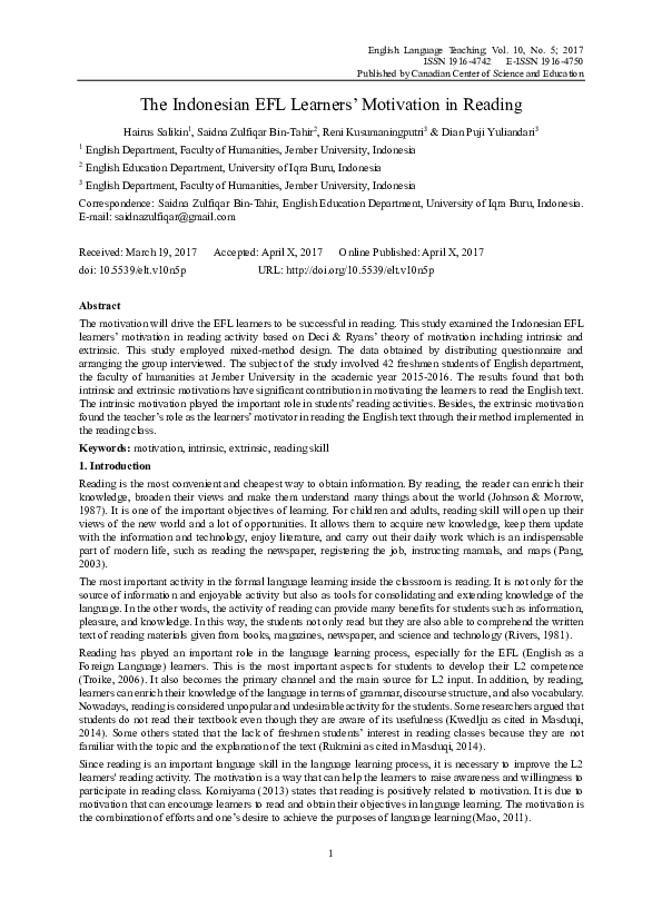 (PDF) The Indonesian EFL Learners' Motivation in Reading