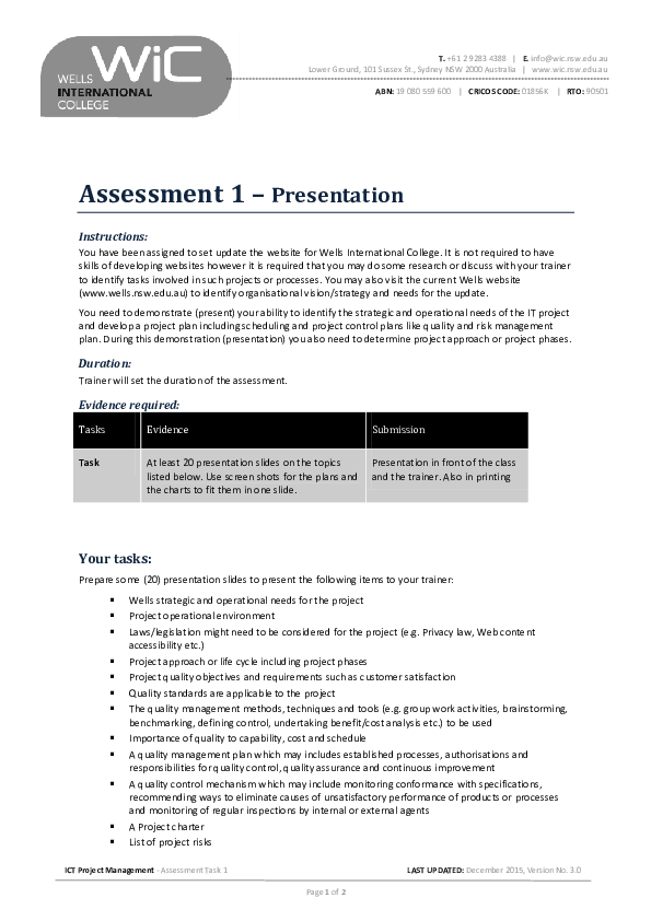 (PDF) ICT Project Management -Assessment Task 1 Assessment 1 – Presentation