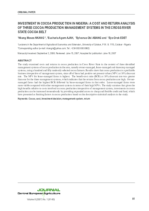(PDF) Investment in cocoa production in Nigeria: A cost and return ...