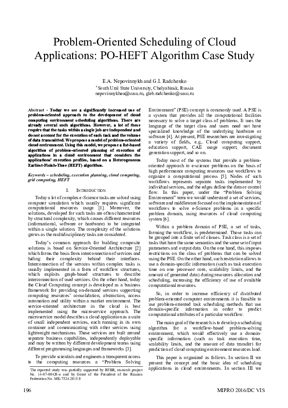 (PDF) Problem-Oriented Scheduling of Cloud Applications: PO-HEFT Algorithm Case Study