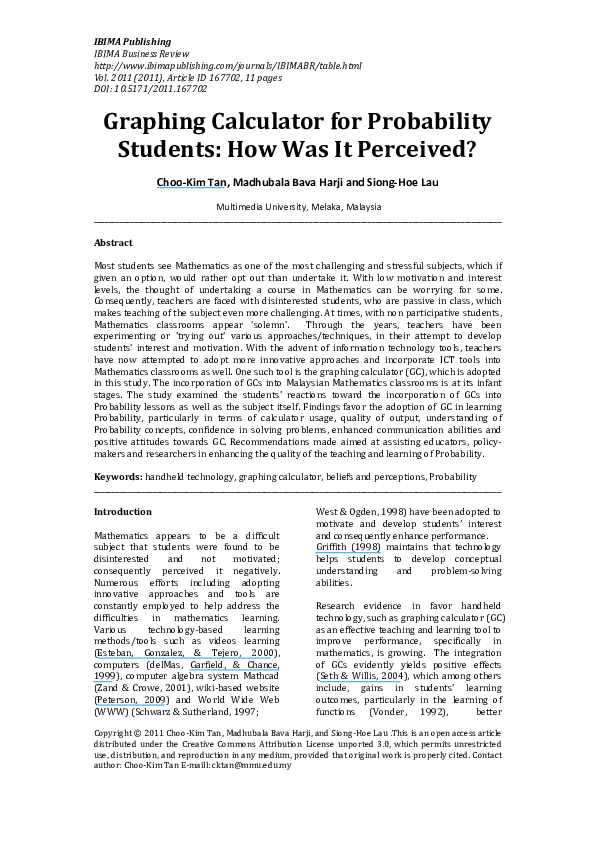 (PDF) Graphing Calculator for Probability Students: How Was It Perceived?