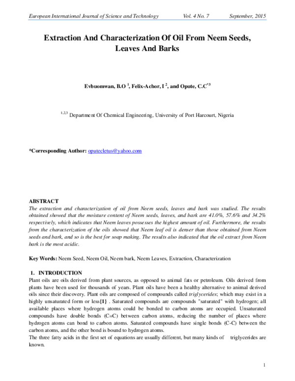 (PDF) Extraction And Characterization Of Oil From Neem Seeds, Leaves ...