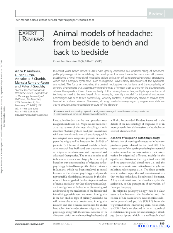 (PDF) Animal models of headache: from bedside to bench and back to bedside