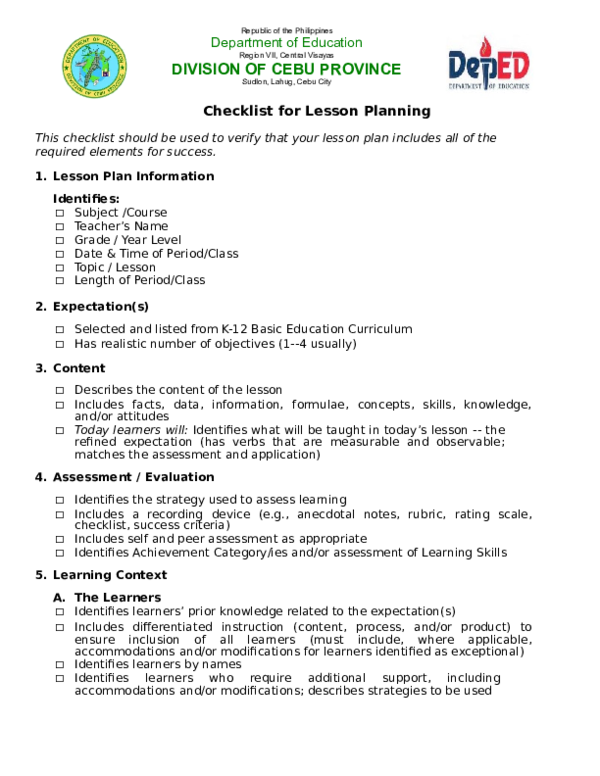 (DOC) Checklist for Lesson Planning