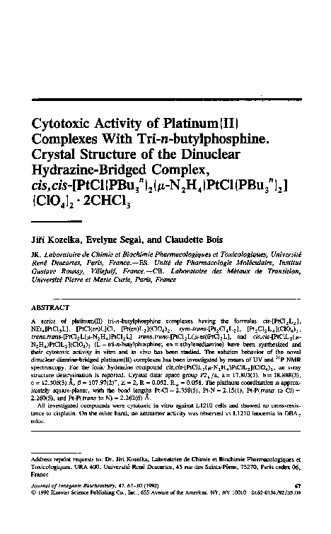 (PDF) Cytotoxic activity of platinum (II) complexes with tri-n-butylphosphine. Crystal structure ...