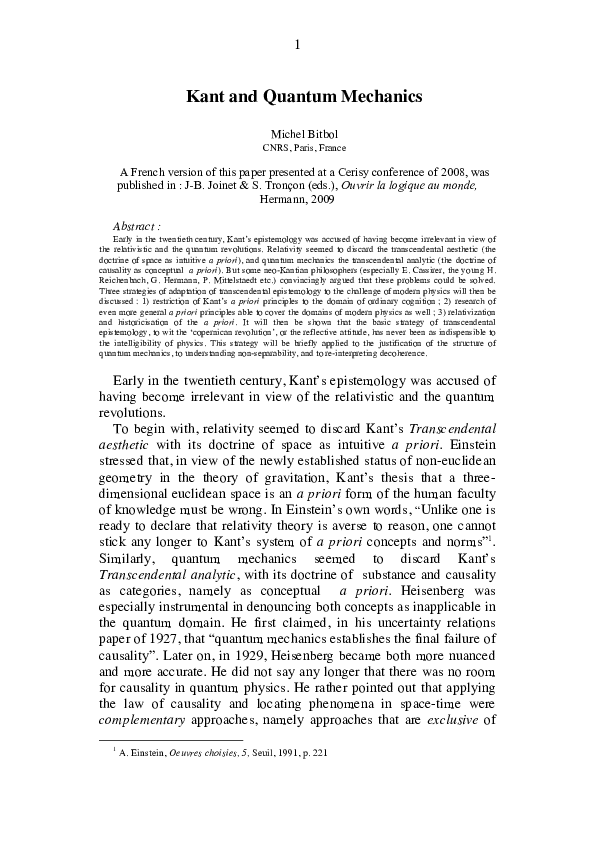 (PDF) KANT AND QUANTUM MECHANICS: Three strategies for updating transcendental epistemology