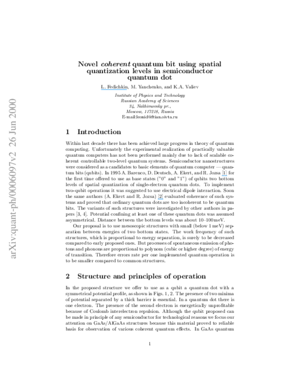 Pdf Novel Coherent Quantum Bit Using Spatial Quantization Levels In Semiconductor Quantum Dot