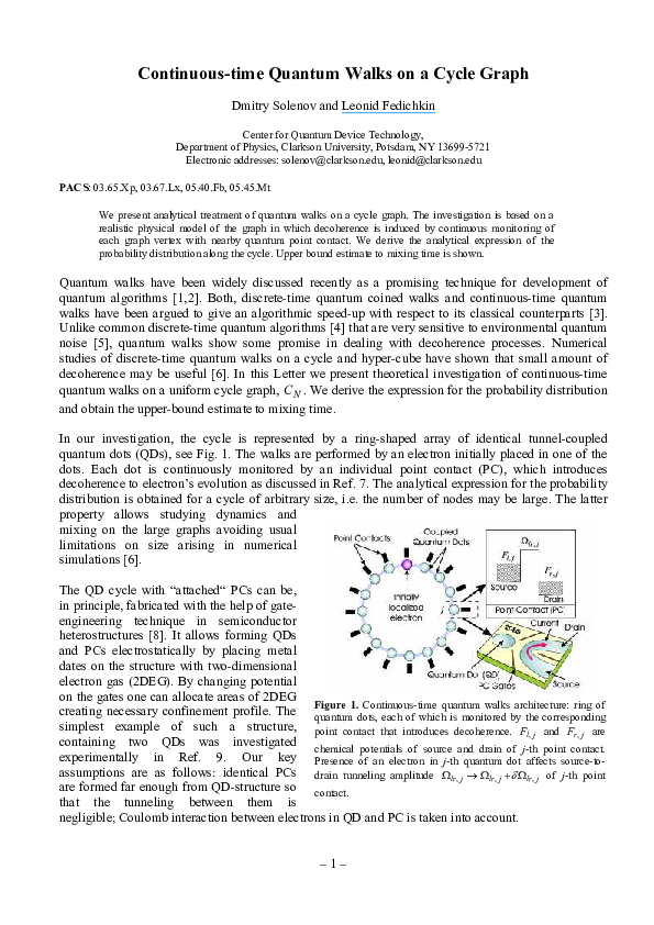 (PDF) Continuous-time quantum walks on a cycle graph