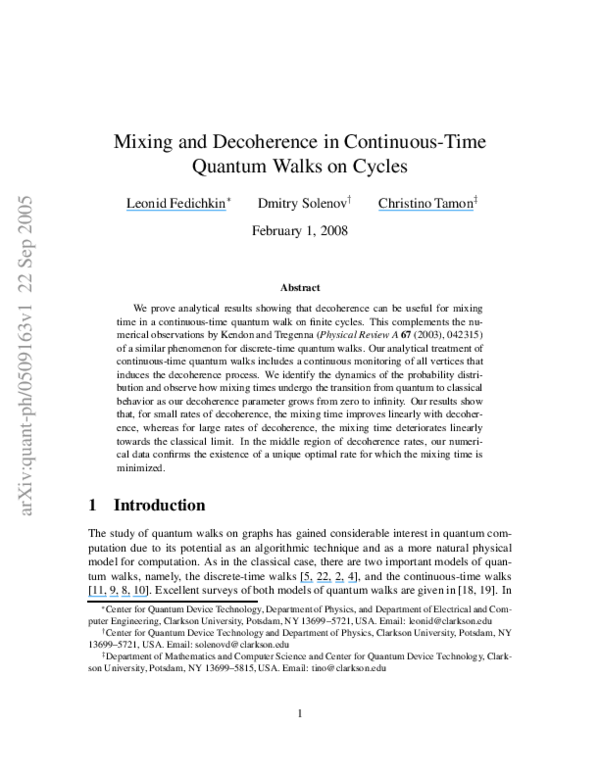 (PDF) Mixing and decoherence in continuous-time quantum walks on cycles