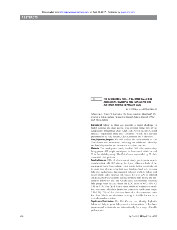 (PDF) The Quickscreen Tool--A Validated Falls Risk Assessment ...