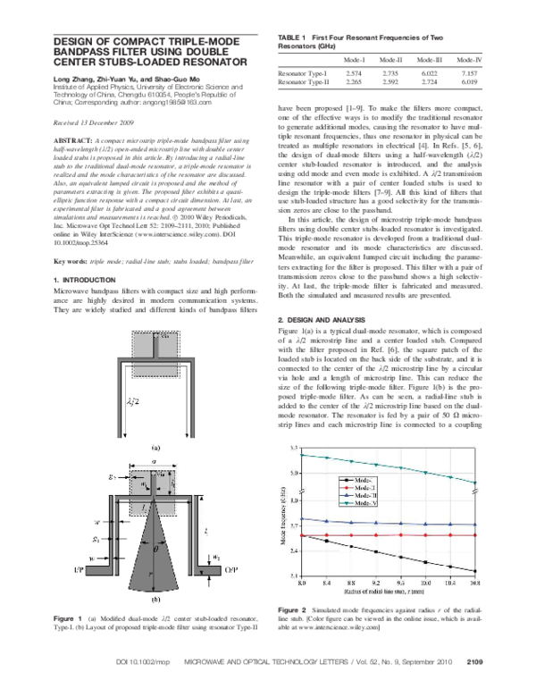 (PDF) Design of compact triple-mode bandpass filter using double center stubs-loaded resonator