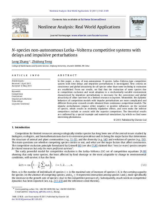 (PDF) species non-autonomous Lotka–Volterra competitive systems with delays and impulsive ...
