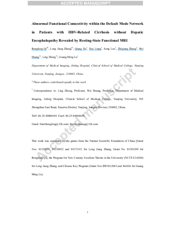 Pdf Abnormal Functional Connectivity Within The Default Mode Network In Patients With Hbv
