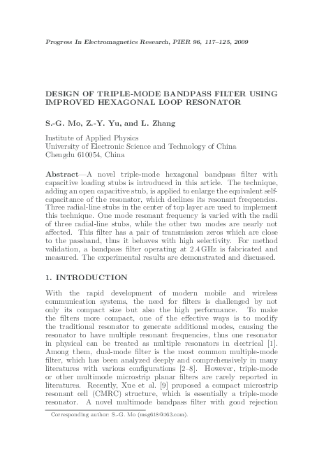 Pdf Design Of Triple Mode Bandpass Filter Using Improved Hexagonal Loop Resonator