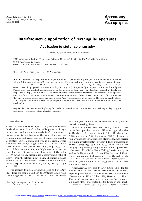 (PDF) Interferometric apodization of rectangular apertures