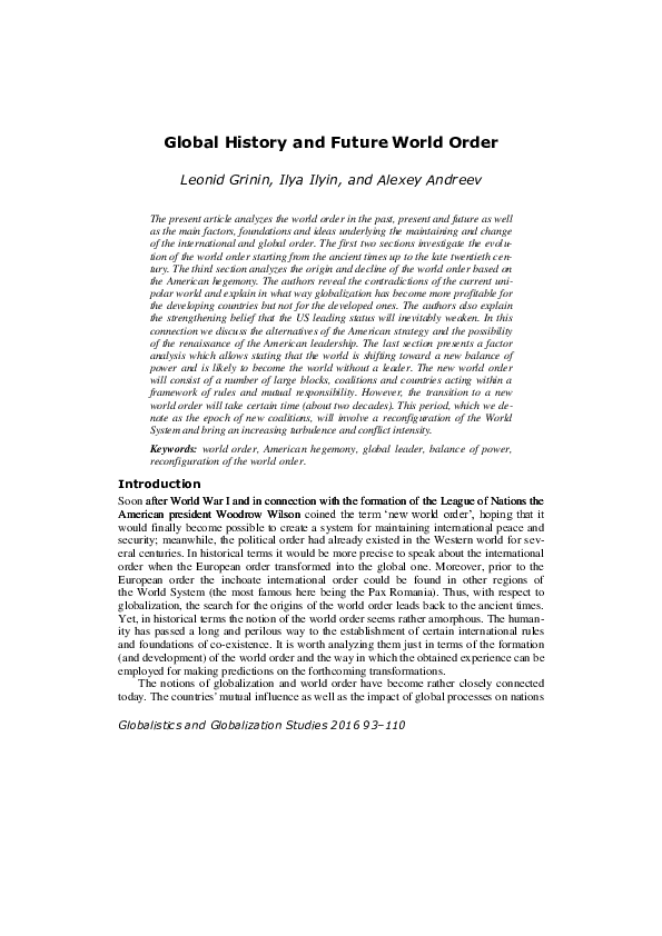 (PDF) Global History and Future World Order. Globalistics and ...