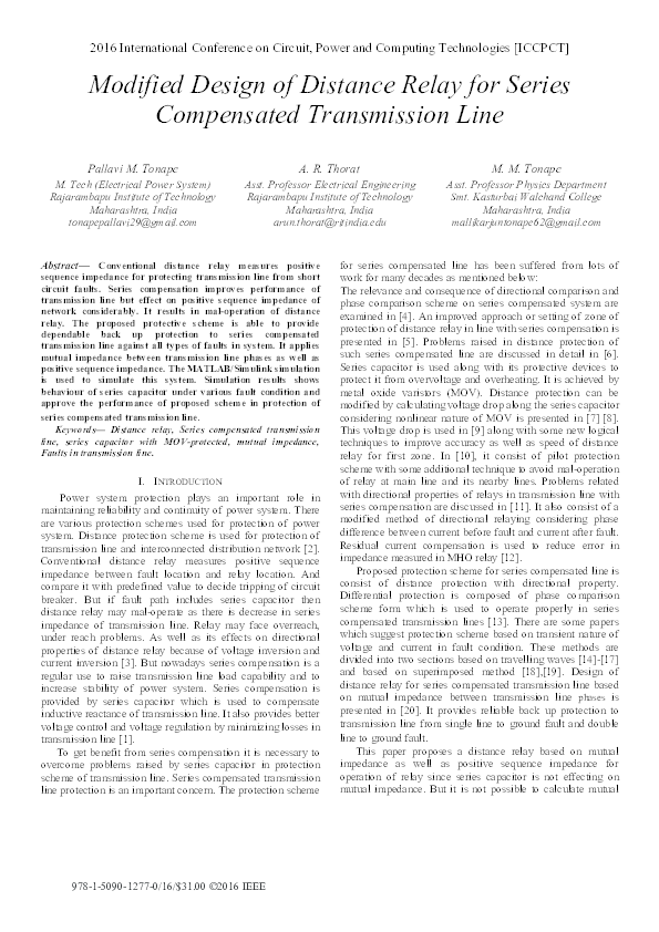 (PDF) Modified Design of Distance Relay for Series Compensated Transmission Line