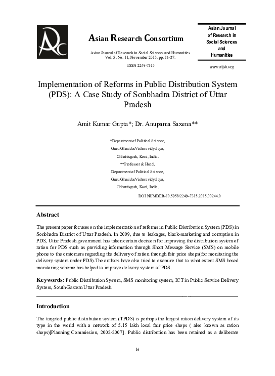 (PDF) Implementation of Reforms in Public Distribution System (PDS): A ...