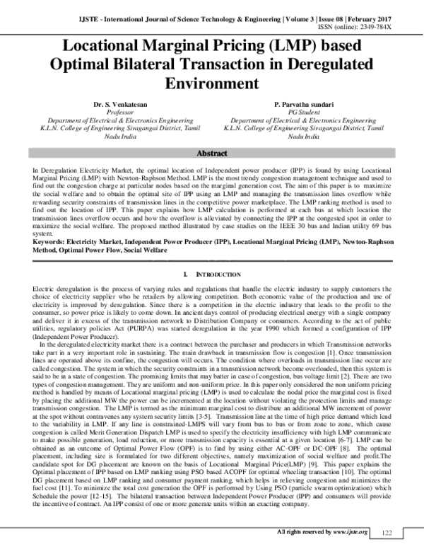 (PDF) Locational Marginal Pricing (LMP) based Optimal Bilateral Transaction in Deregulated ...