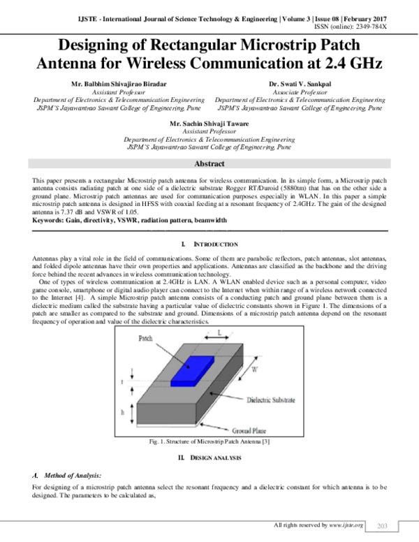 (PDF) Designing of Rectangular Microstrip Patch Antenna for Wireless Communication at 2.4 GHz