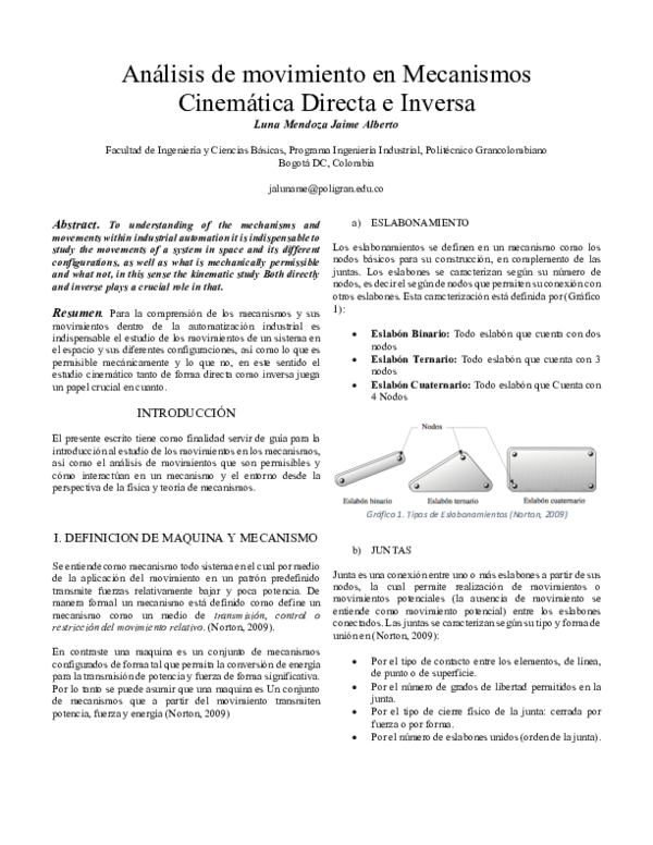 (PDF) Análisis de movimiento en Mecanismos Cinemática Directa e Inversa