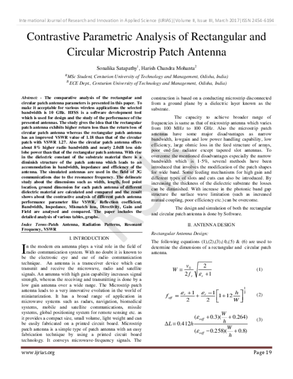 (PDF) Contrastive Parametric Analysis of Rectangular and Circular Microstrip Patch Antenna