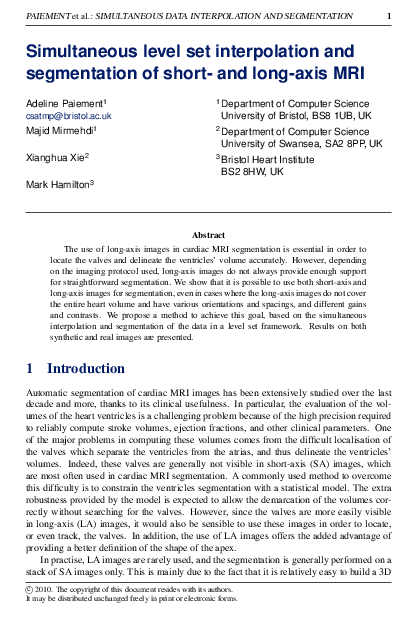 Pdf Simultaneous Level Set Interpolation And Segmentation Of Short And Long Axis Mri