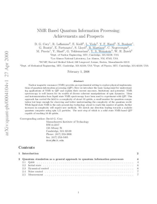 Pdf Nmr Based Quantum Information Processing Achievements And Prospects