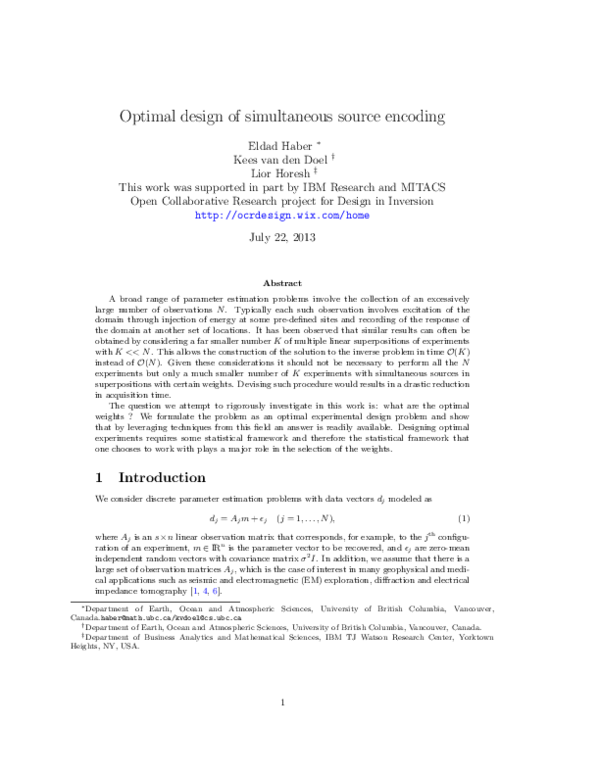 Pdf Optimal Design Of Simultaneous Source Encoding